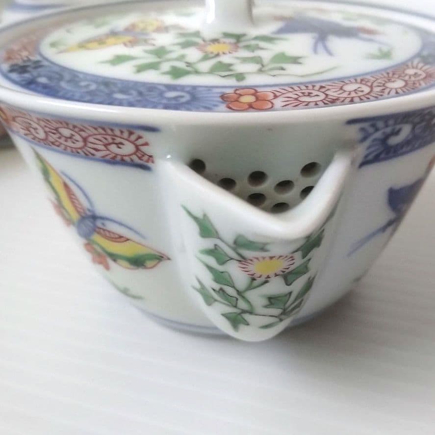 京焼 平安 四代 三浦竹泉 竹泉 色絵花蝶文 煎茶器 宝瓶 茶器 茶道具 極美品