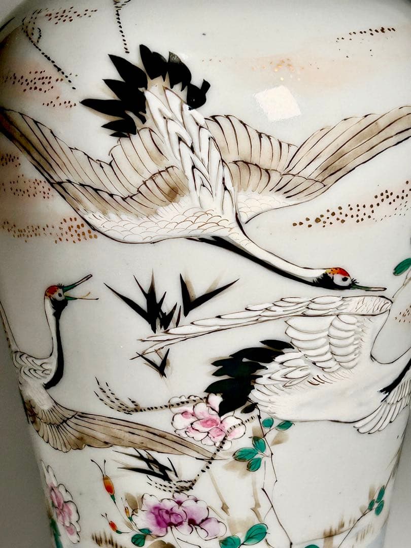明治瀬戸の名工 加藤繁十 桃花園画 上絵飛鶴文花瓶 其の壱 名古屋絵付 瀬戸