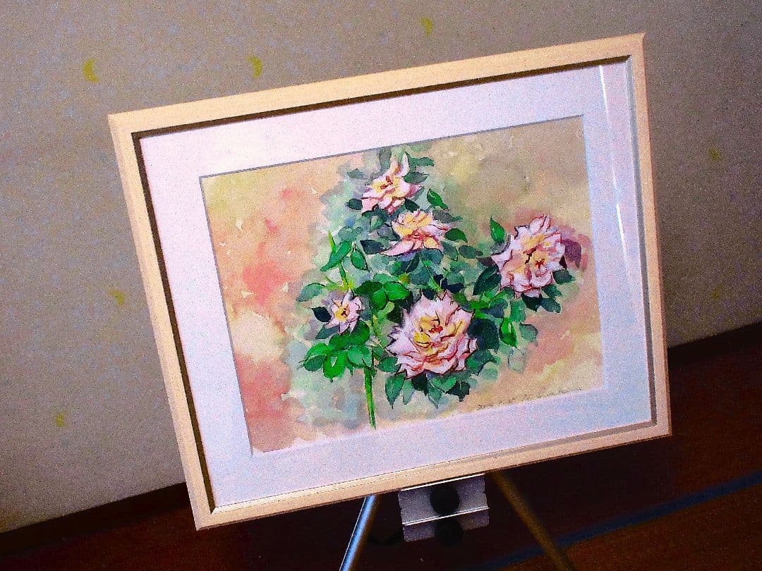 水彩画 バラの花 額装済み